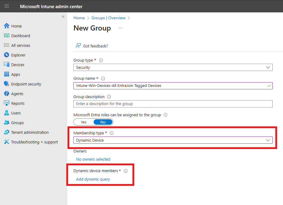 Group Set Up in Intune for Devicie Onboarding